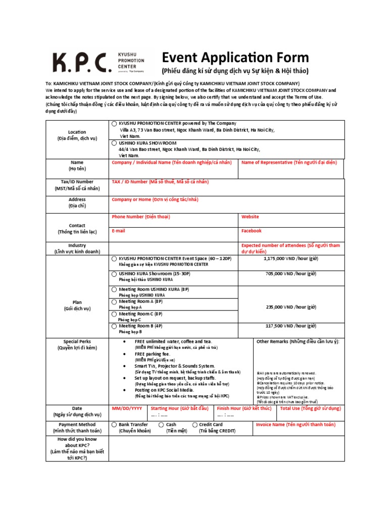 Event Application Form (Phiếu Đăng Kí Dịch Vụ Sự Kiện KPC) | PDF