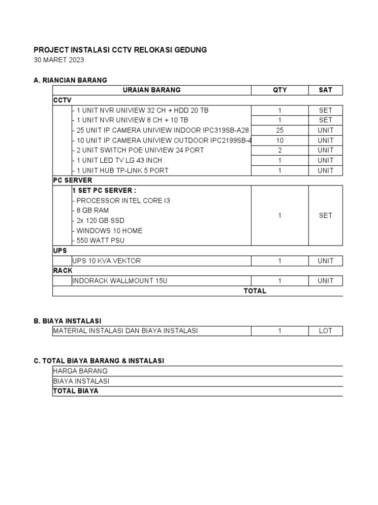 RAB Instalasi CCTV Relokasi Gedung | PDF | Manufactured Goods ...