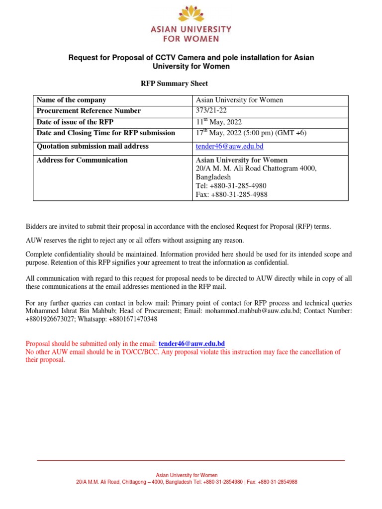 RFP For CCTV Camera and Pole Installation at AUW Arefin Nagar | PDF ...