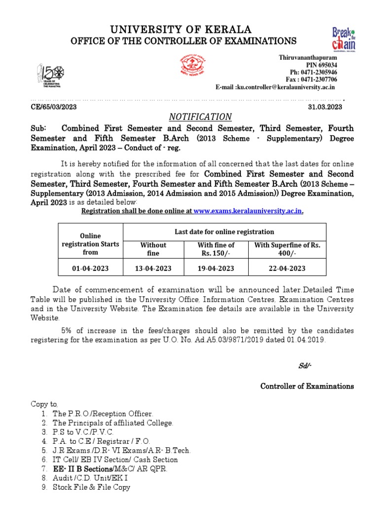 University of Kerala: Office of The Controller of Examinations | PDF