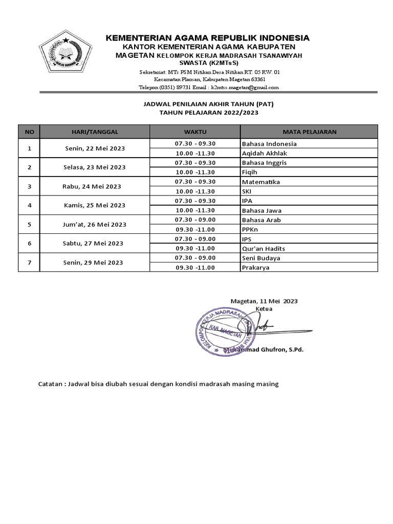 Jadwal Pat 2022-2023 k2mtss | PDF