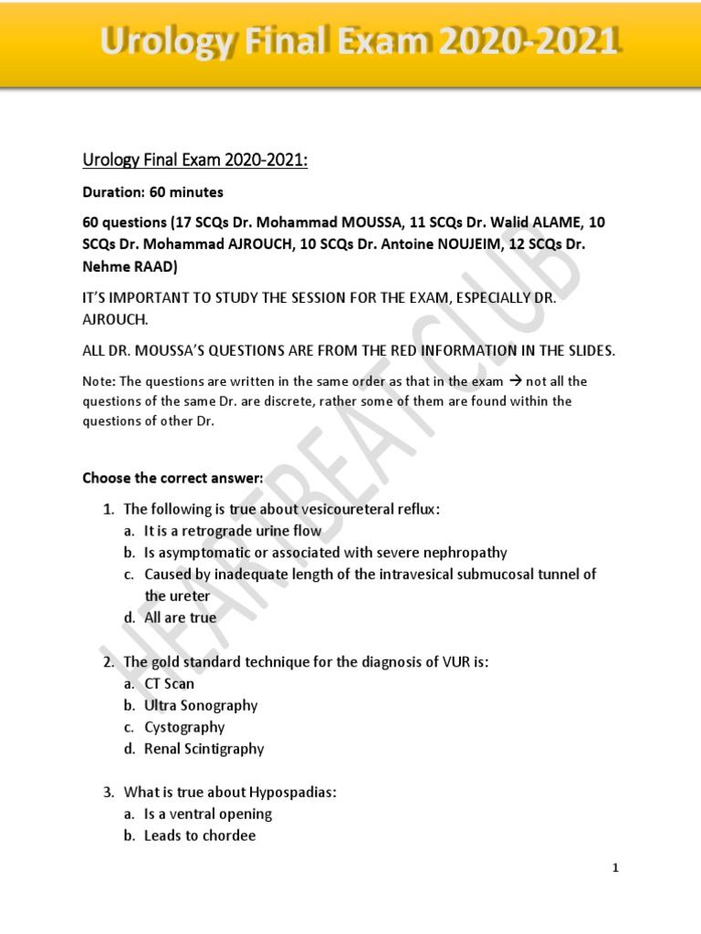 Urology Final Exam 2020-2021 | PDF | Urinary Tract Infection | Urinary ...