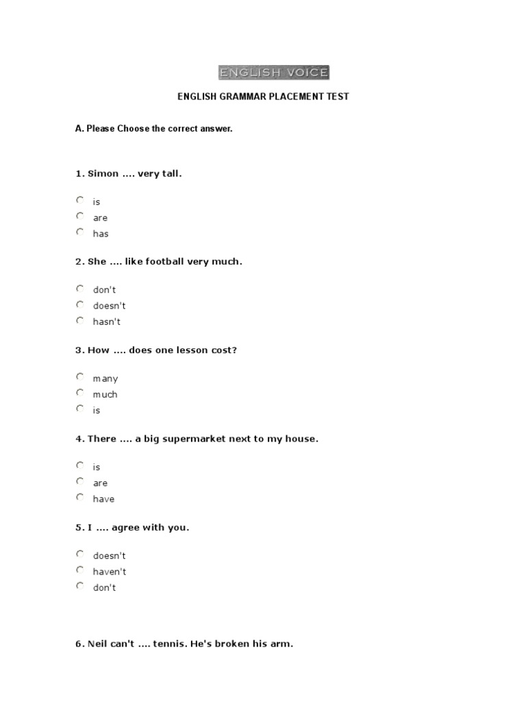 English Grammar Placement Test | Download Free PDF | Sports | Leisure