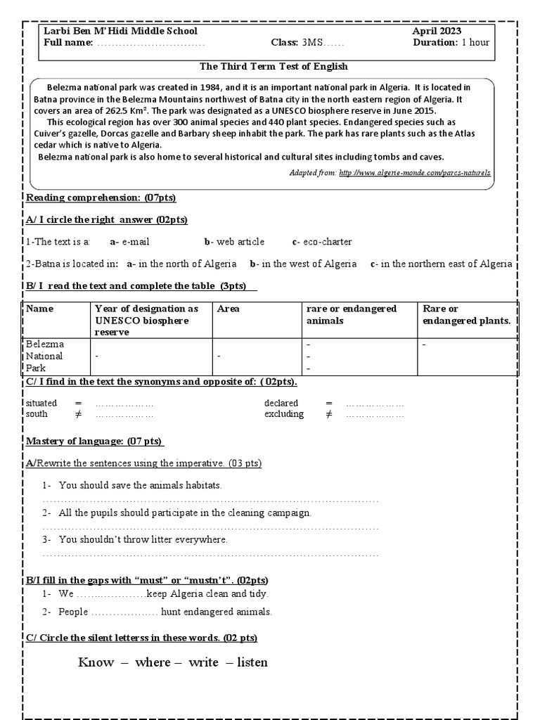 3MS - Third Term Test | PDF | Linguistics