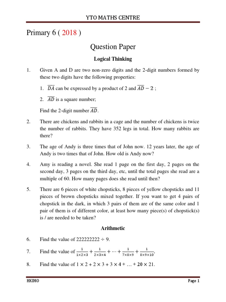 Primary 6 ( HK ) HKIMO 2018 set 1_1639634908 | PDF | Area | Numbers