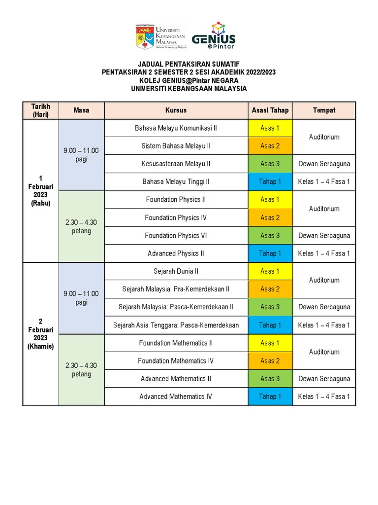 Jadual Pentaksiran Semester 2 2023 | PDF