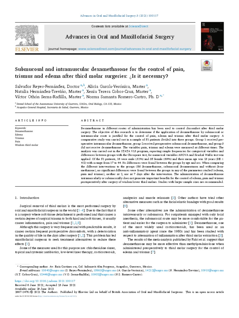 2021 Submucosal and Intramuscular Dexamethasone For The Control of Pain ...
