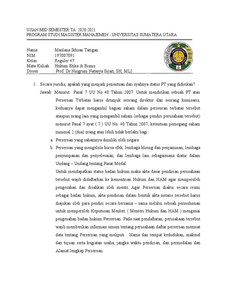 MID SEM HK - ETIKA BISNIS MM Maulana Ikhsan Tarigan | PDF | Pengelolaan Keuangan & Uang | Hukum
