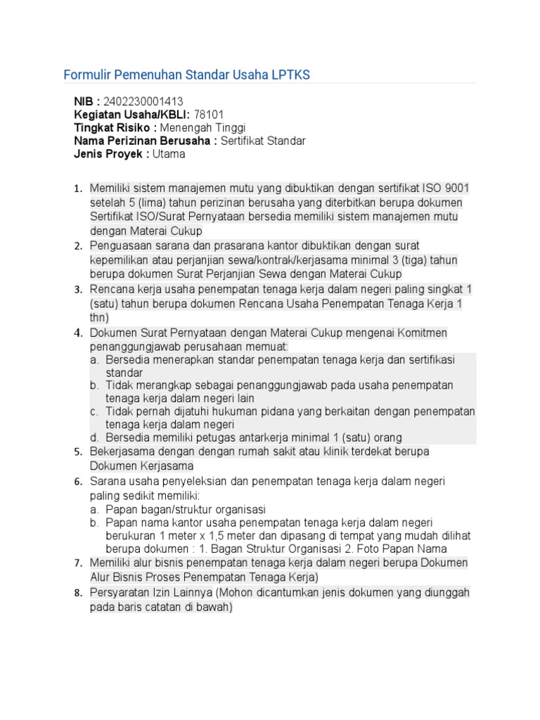 Formulir Pemenuhan Standar Usaha LPTKS | PDF