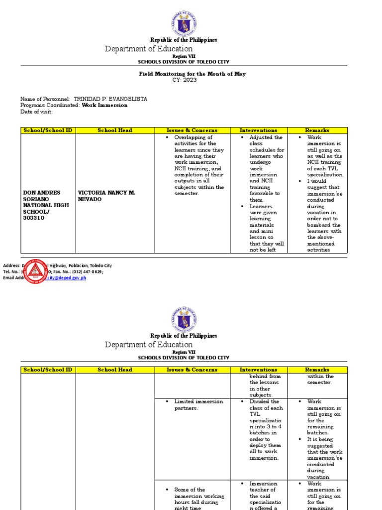May 2023 Work Immersion Monitoring Report | PDF