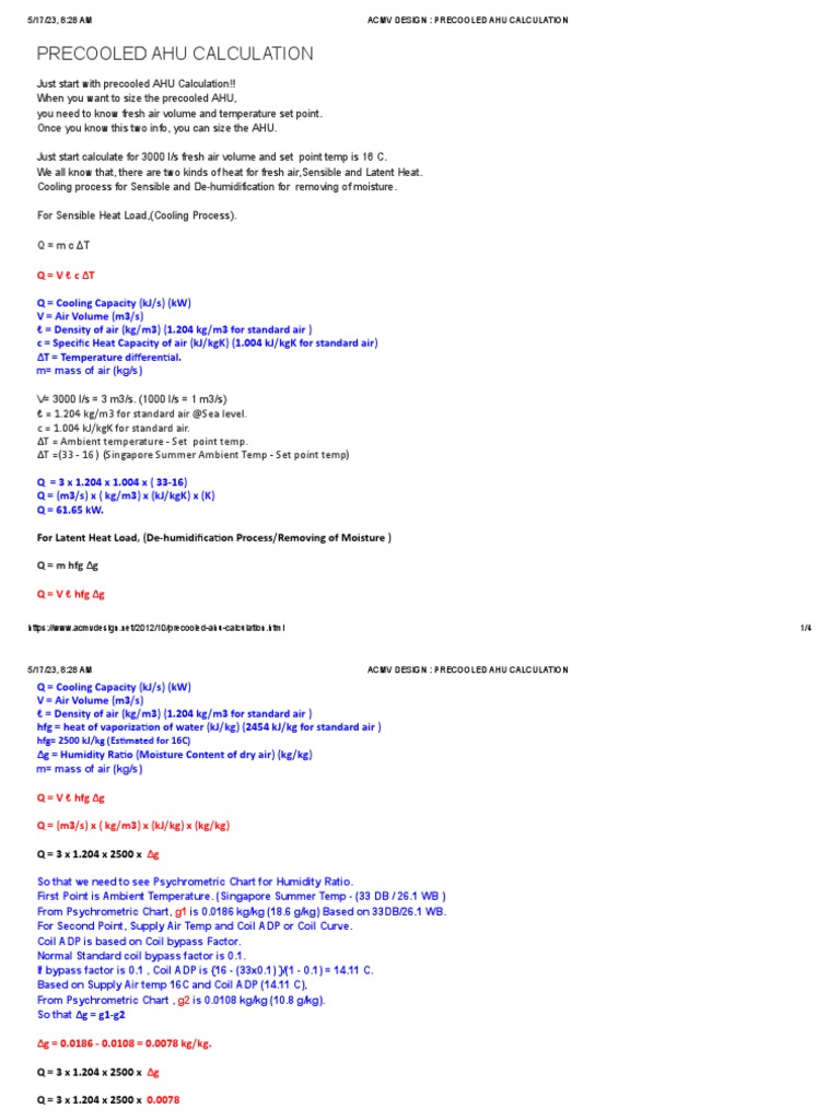 Ahu Tonnage Acmv Design - Precooled Ahu Calculation | PDF