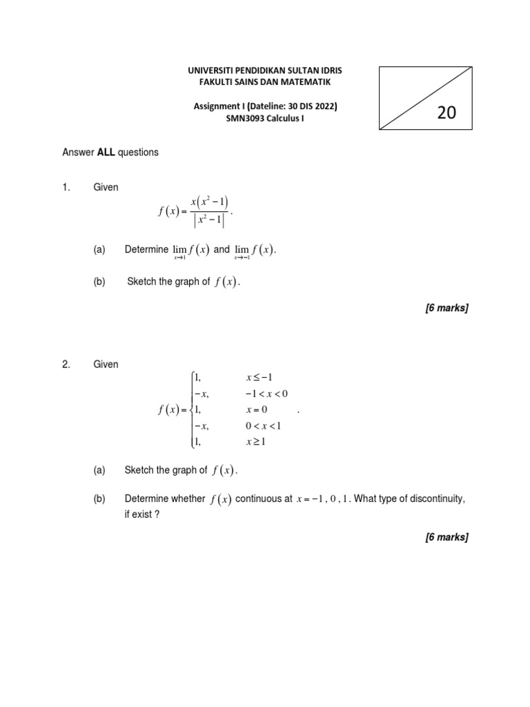 1 Assignment 1 A221 Calculus 1 | PDF