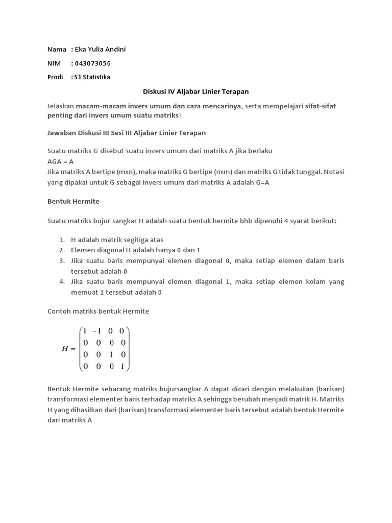 Eka Yulia Andini - 043073056 - Diskusi IV - Aljabar Linier Terapan | PDF