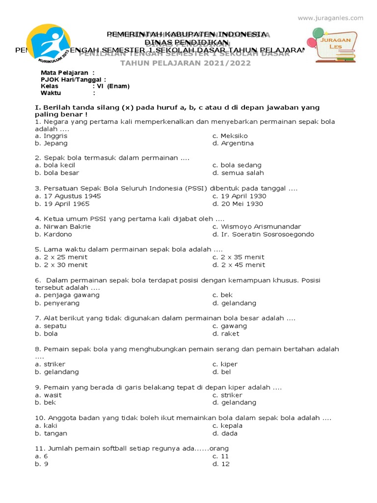 Soal PTS PJOK Kelas 6 Semester 1 K13 Tahun 2021 | PDF