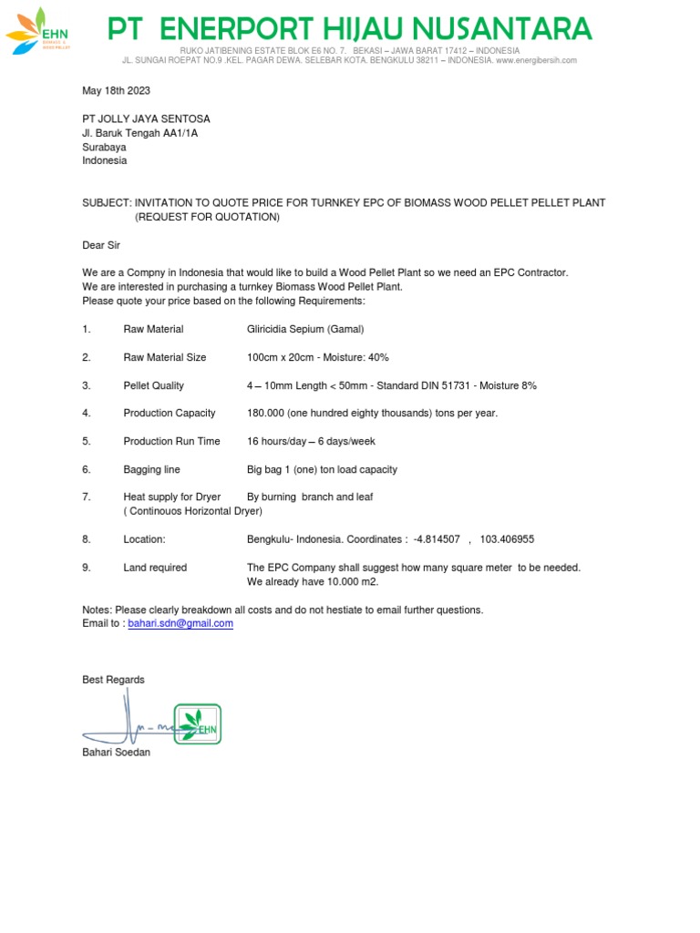 Request for Wood Pellet Plant EPC Quote | PDF