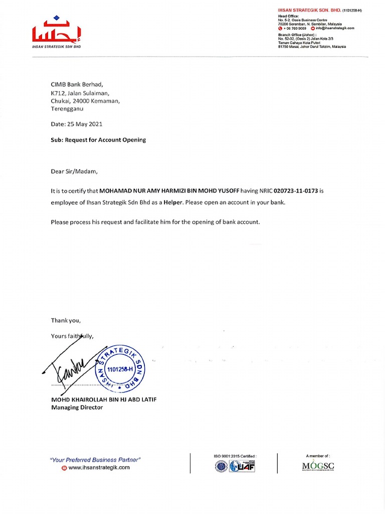 Open Bank Account Letter - CIMB | PDF