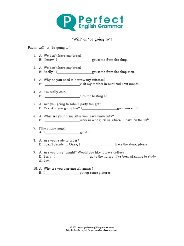 Will vs Be Going To Exercises | PDF