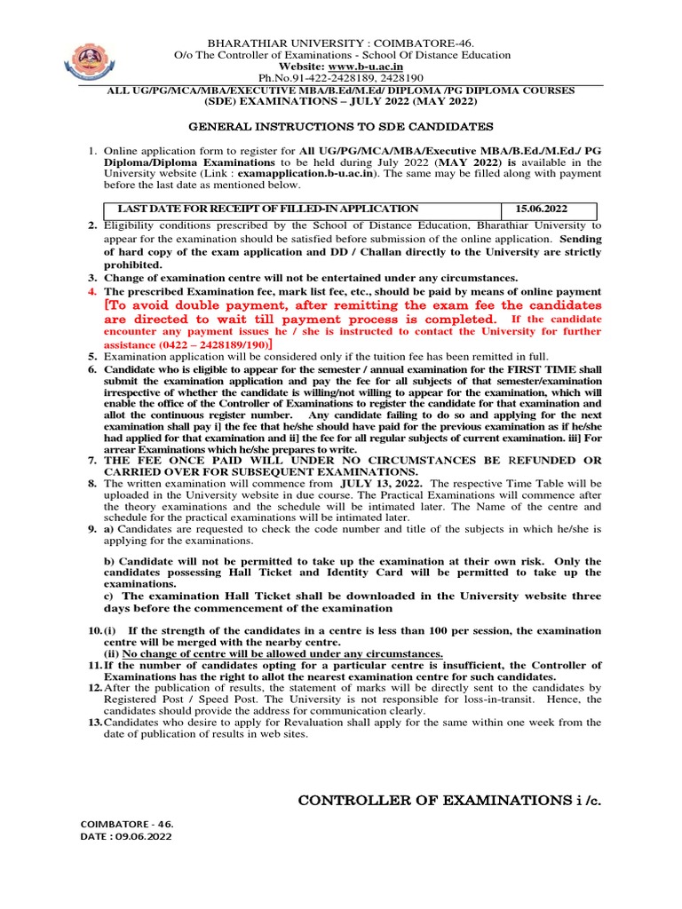 SDE - Exam Notification - JULY 2022 | PDF | Fee