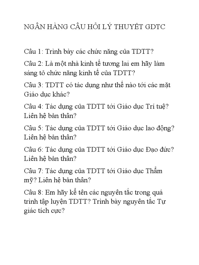 NGÂN HÀNG CÂU HỎI LÝ THUYẾT GDTC | PDF