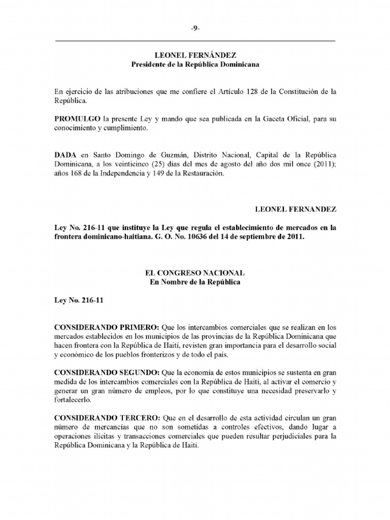 Ley 216 11 Regula Mercados en La Frontera | PDF