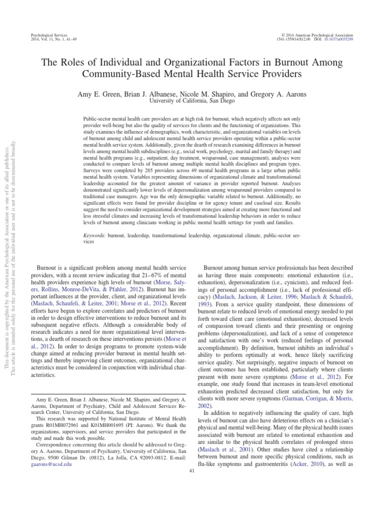 The Roles of Individual and Organizational Factors in Burnout Among ...