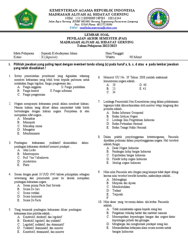 Soal Pas PKN Kelas X k13 | PDF