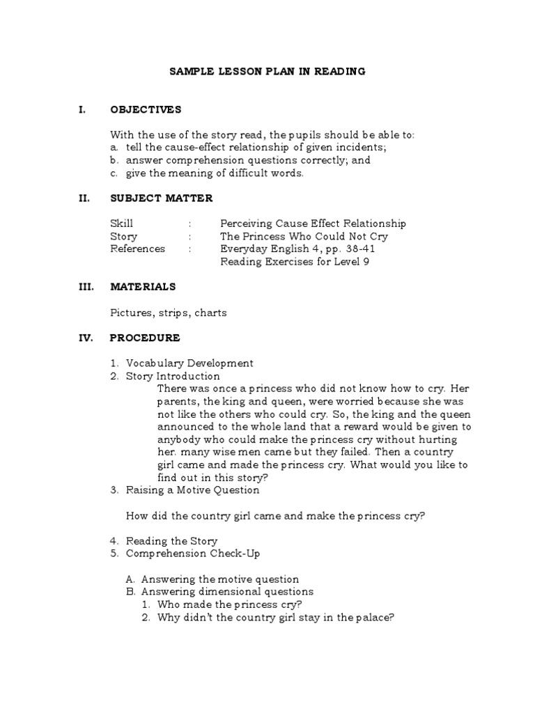 Sample Lesson Plan in Reading | PDF | Cognition | Learning