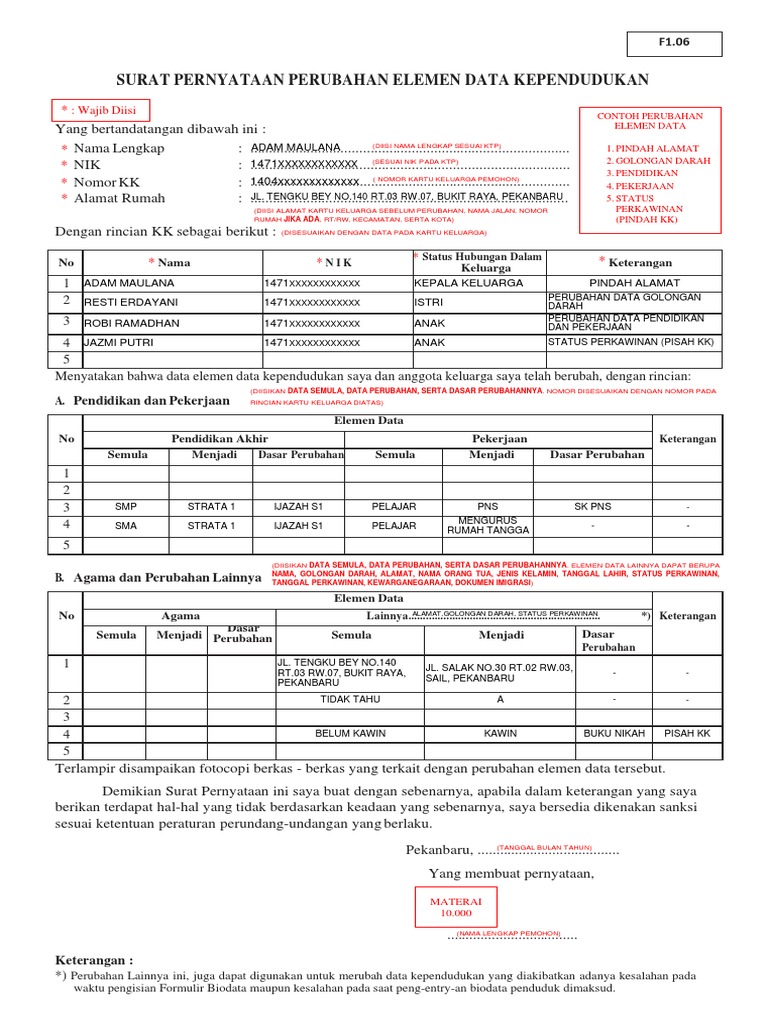 Surat Pernyataan Perubahan Data Kependudukan | PDF