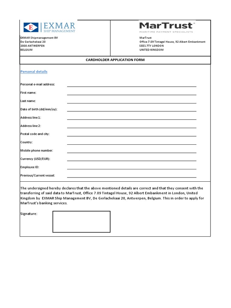 EXMAR SHIPMANAGEMENT BV - MarTrust Application Form | PDF