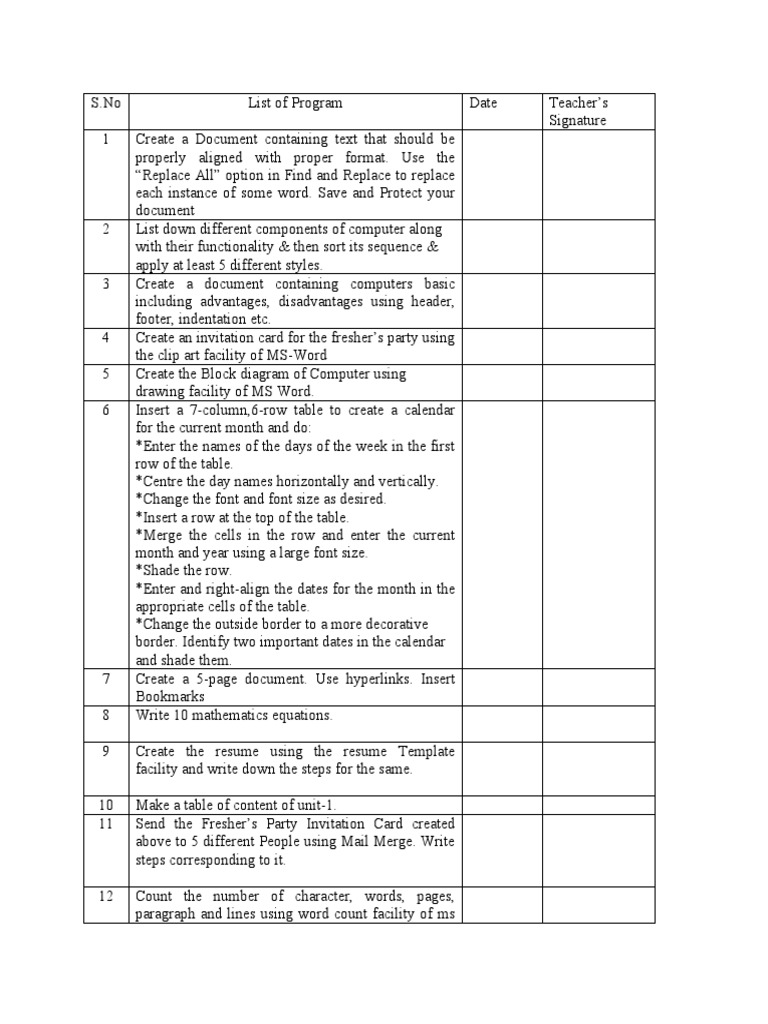 IT Lab File Index | PDF | Microsoft Word | Computing