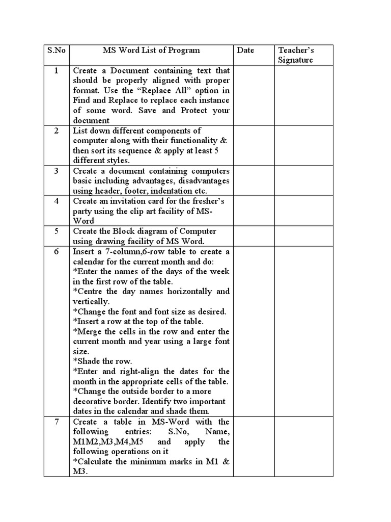 MS Word Assignment List | PDF | Microsoft Word | Computing