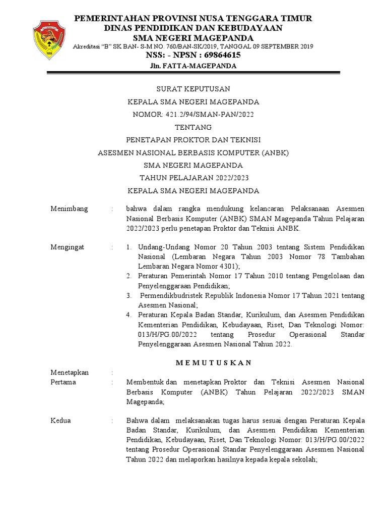 SK Penetapan Proktor Dan Teknisi | PDF