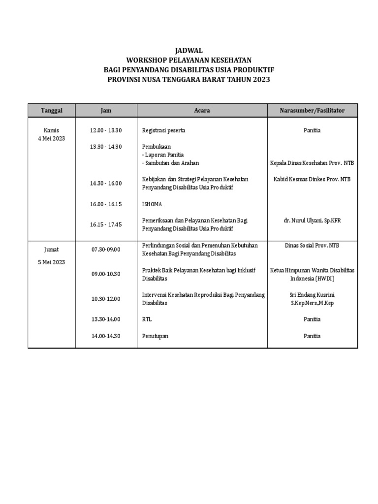 Jadwal Workshop Disabilitas | PDF