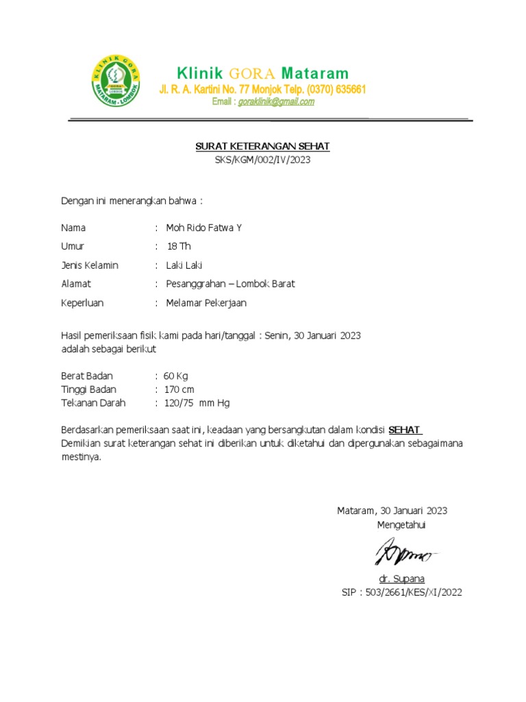 Surat Keterangan Sehat Moh Rido | PDF