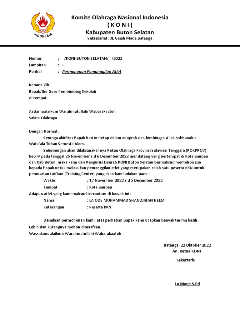 SURAT PEMANGGILAN ATLET Pembimbing New | PDF
