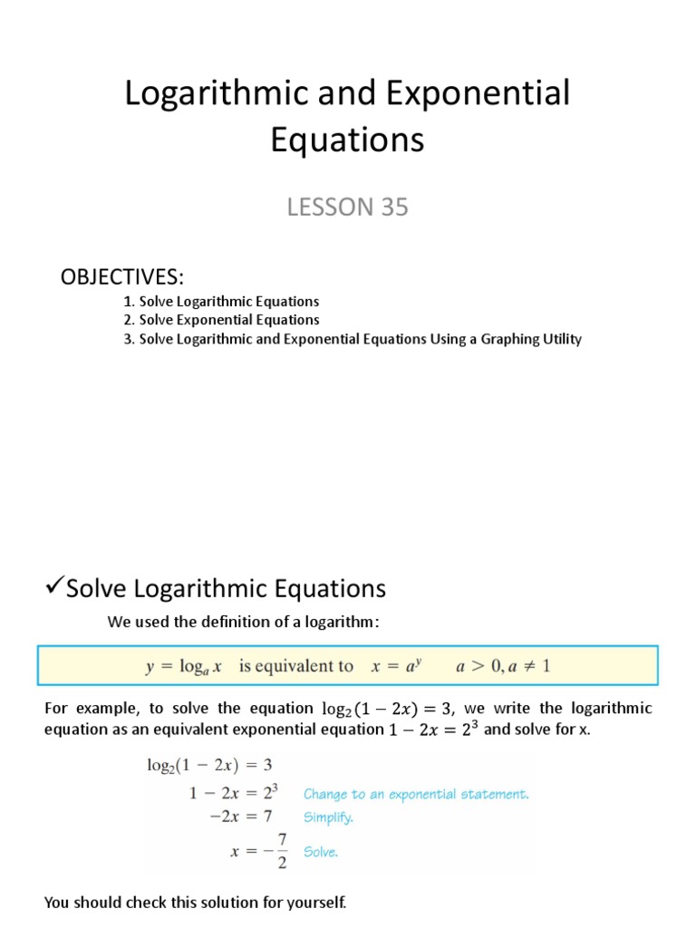 Lesson 35 - Logarithmic and Exponential Equations | PDF