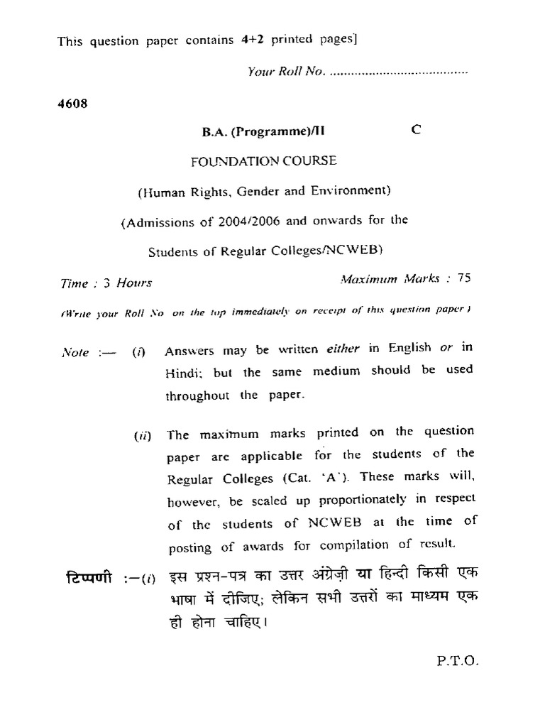 B A Prog Ii Foundation Course Human Rights Gender And Environment Pdf