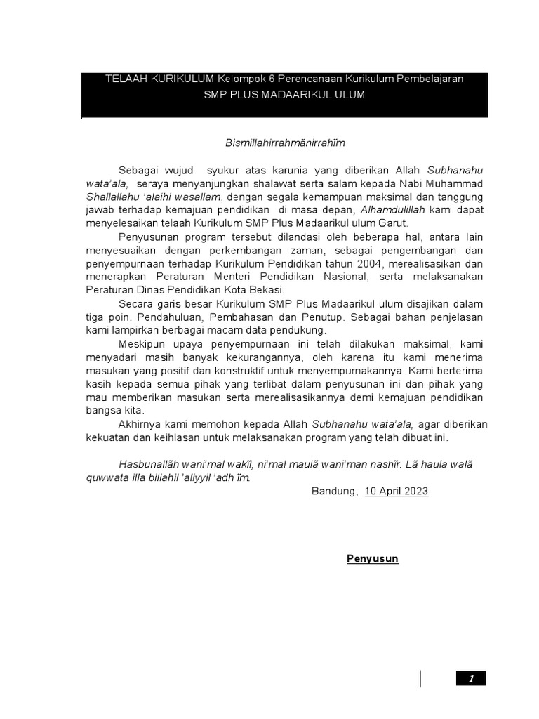 Telaah Kurikulum SMP Plus Madaarikul Ulum | PDF | Karier & Perkembangan