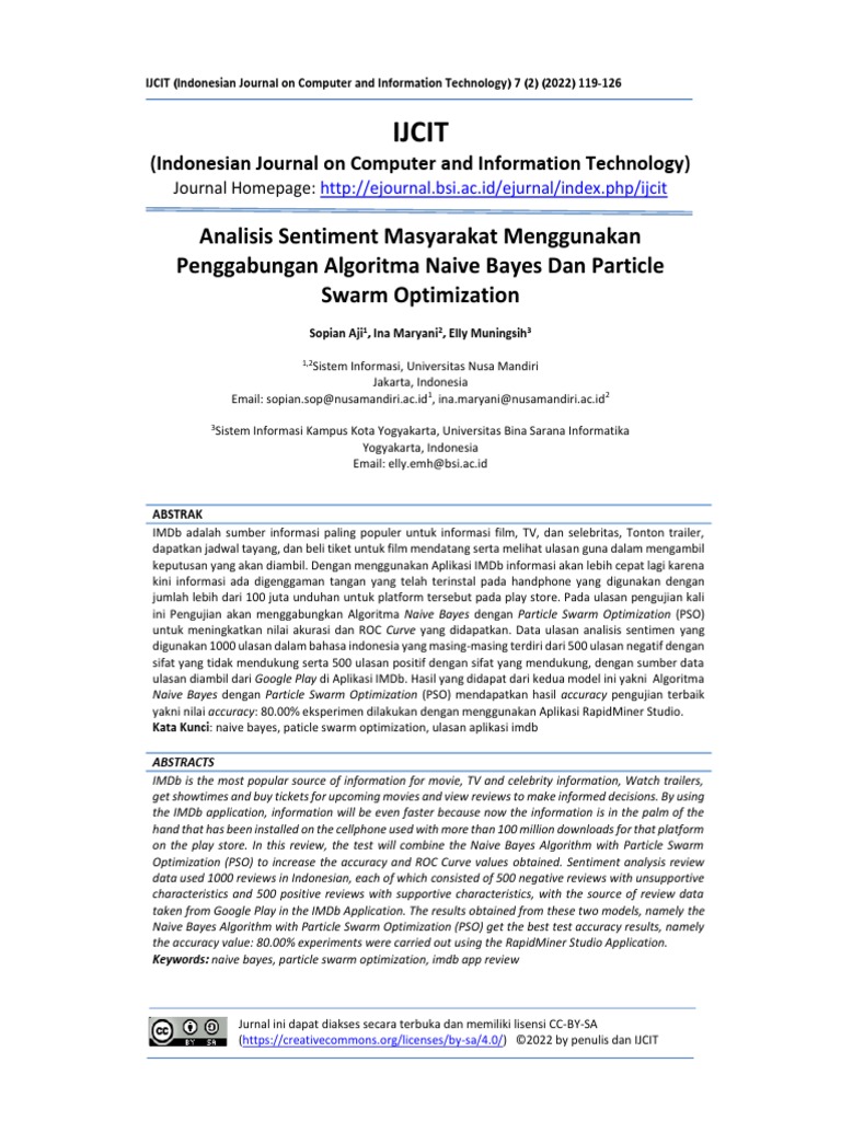 Analisis Sentiment Masyarakat Menggunakan Penggabungan Algoritma Naive Bayes Dan Particle Swarm ...