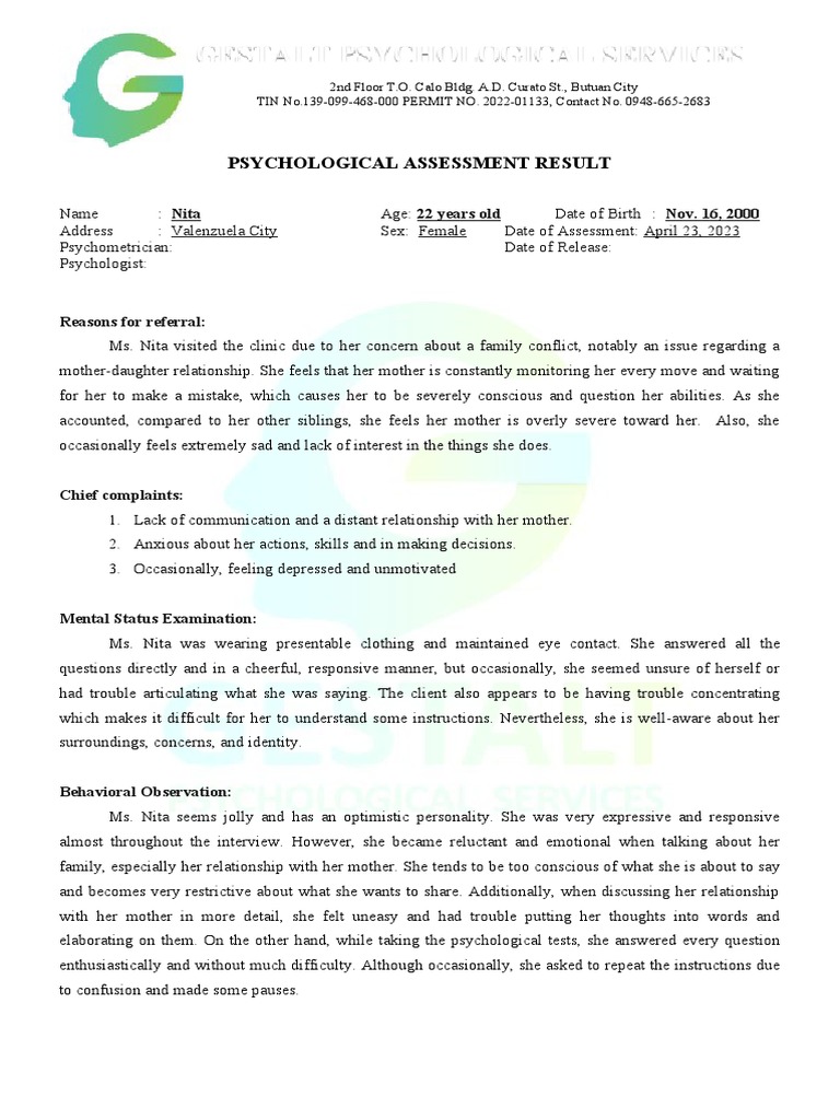 Psychological Report - Client Nita | PDF