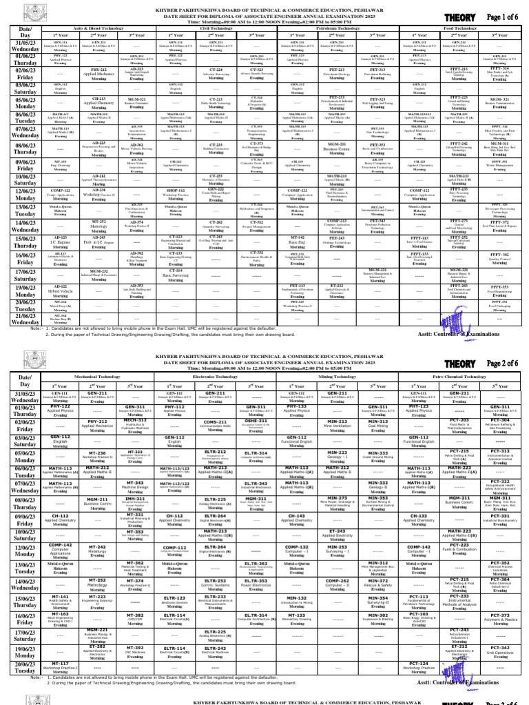 Date Sheet DAE Annual Exam 2023 | PDF | Engineering | Physical Sciences
