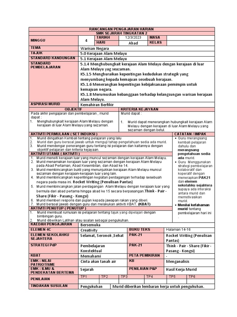 RPH_SMK_MINGGU_4_SEJARAH_TINGKATAN_2_2023_2024_BY_CIKGU_GORGEOUS | PDF