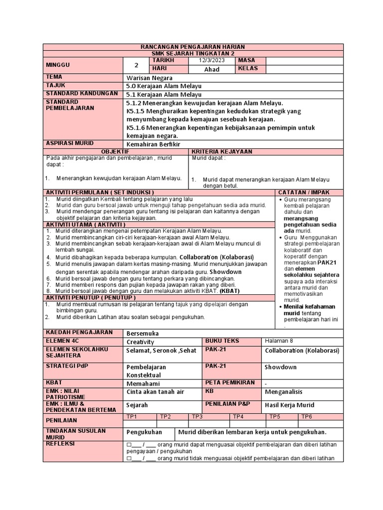 RPH SMK Minggu 2 Sejarah Tingkatan 2 2023 2024 by Cikgu Gorgeous | PDF