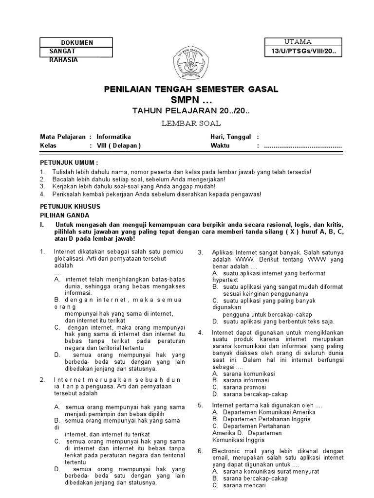 Soal PTS Informatika Kelas VIII Gasal Versi 1 | PDF | Teknologi & Rekayasa