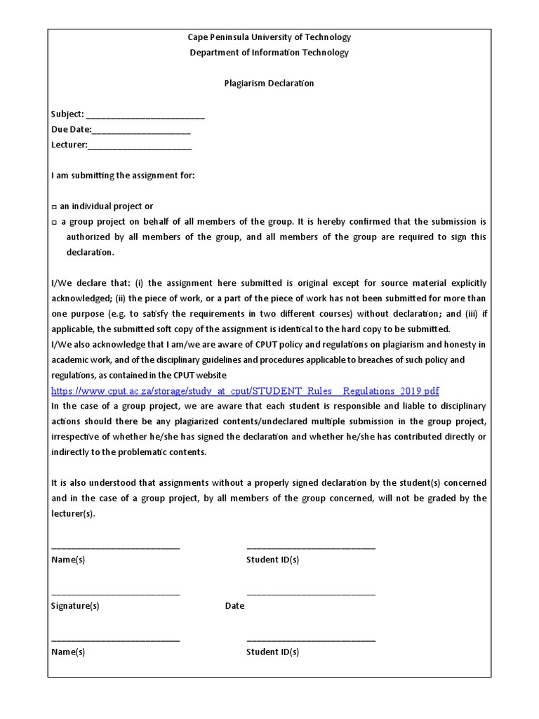 CPUT Plagiarism Declaration Form | PDF | Plagiarism | Justice