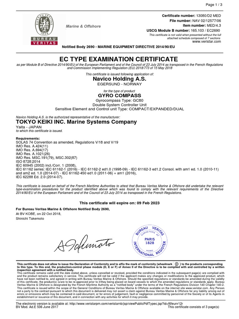 GC80 Gyro Compass EC Type Examination | PDF | Technology & Engineering