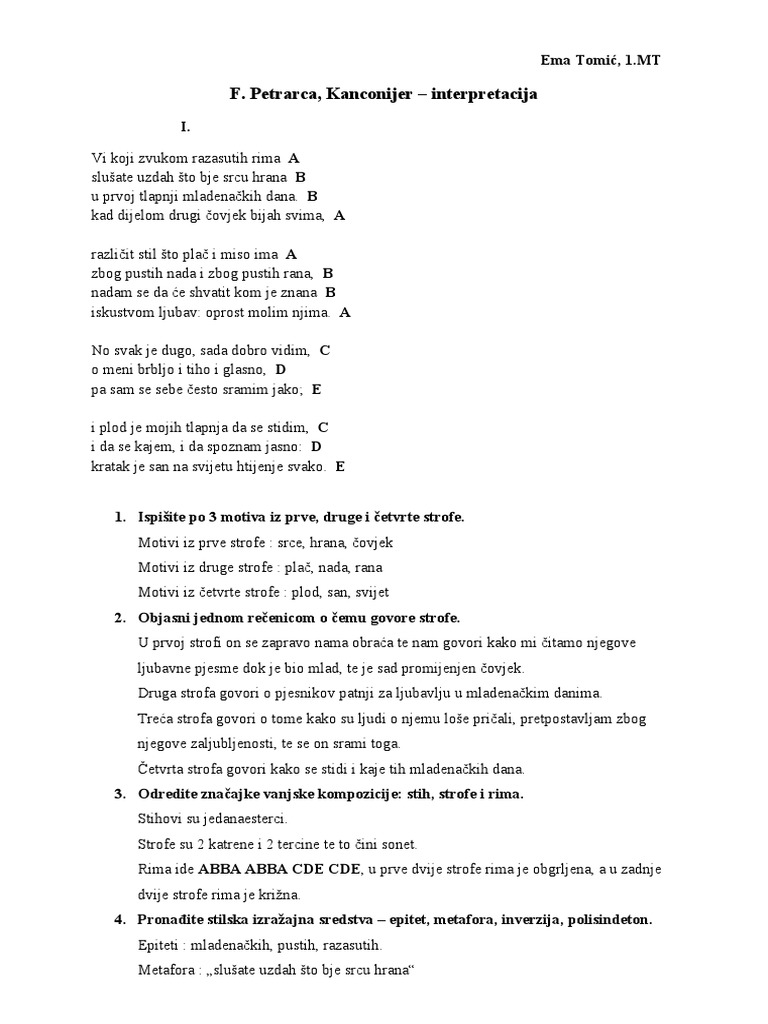 Petrarca - Interpretacija Pjesma EMA TOMIĆ, 1.MT | PDF