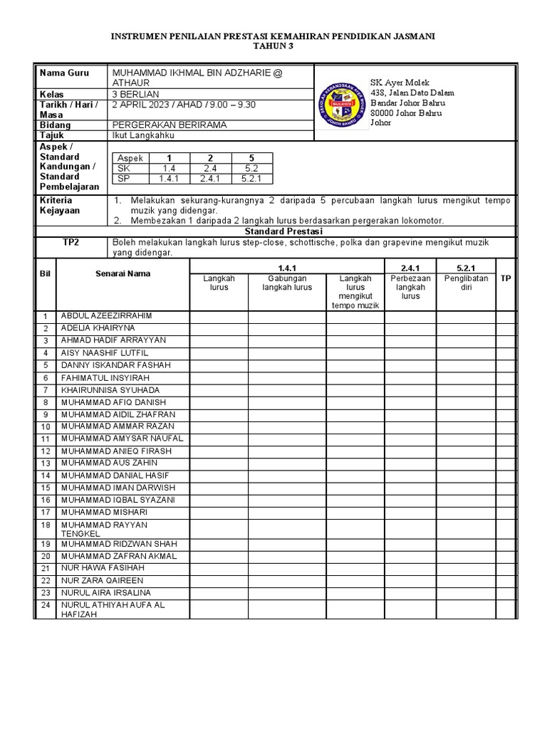 Contoh Instrumen Pemerhatian PBD PJ 3B | PDF