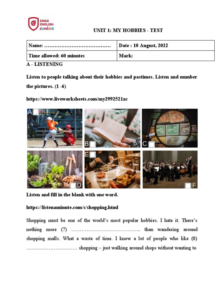 Unit 1 - My Hobbies - Test | PDF