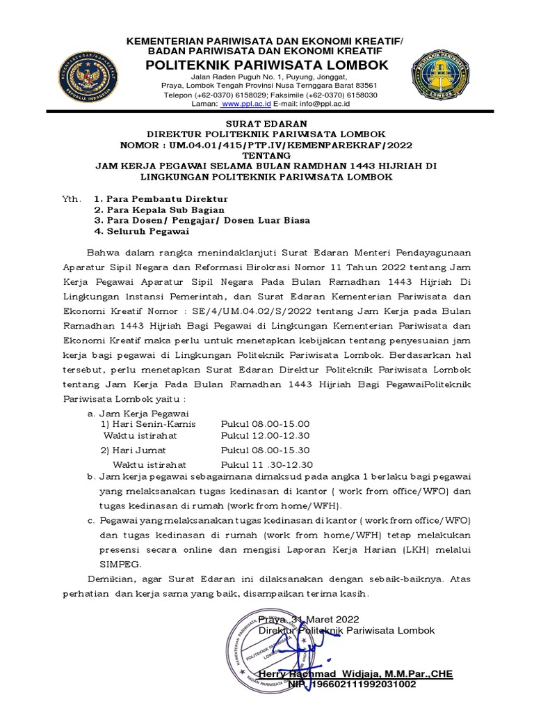 SURAT Edaran Jam Kerja Pegawai PPL 2022 Rev | PDF